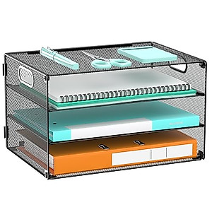 4-Tier Letter Tray Paper Organizer with Handle,Mesh File Holder Organization Document Storage for Office Home School, Black