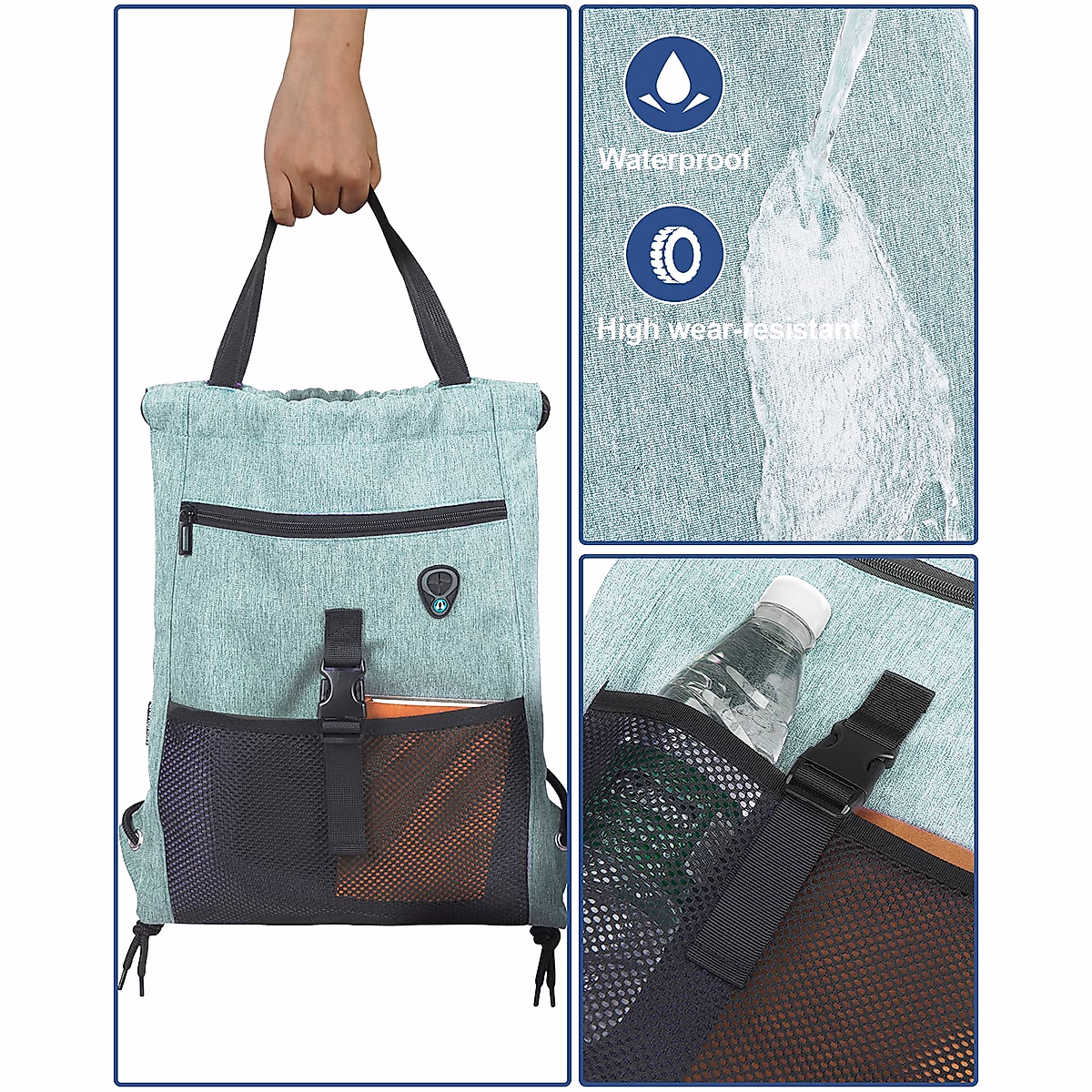 LIVACASA Drawstring Bag Gym with Pockets Sports Sack with Handle Drawstring Backpack Travel for Men Women