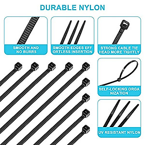 200pcs Zip Ties 8 Inch Black, Heavy Duty Zip Tie, 40lb Strength Cable Ties, Industrial Nylon Wire Tie Wraps for Garage and Workshop.