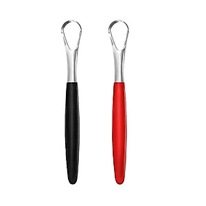 Oral Basics Tongue Scraper, Stainless Steel Metal Swish Cleaner for Adults and Kids with Stainless Steel Travel Case- 2 Pack (1 Black & 1 Red)