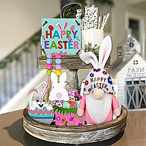 5 PCS Easter Gnome Tiered Tray Decor (Tray Not Included) - Gnomes Plush, Happy Easter Egg Mini Wood Sign, Wooden Bunny Bead Garland - Spring Easter Gift, Easter Day Party Decor for Home Kitchen