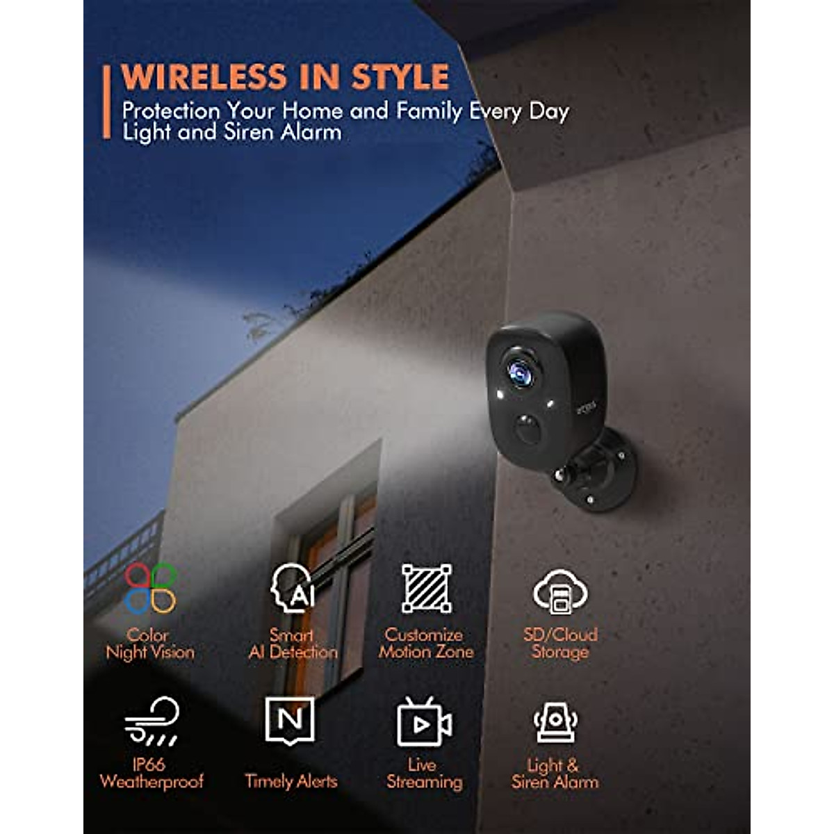 Dzees Security Camera Outdoor Wireless - Battery Powered WiFi Outdoor Camera Wireless, Spotlight, Siren, AI Dectection, Color Night Vision, IP66 Waterproof Cloud/SD-Black