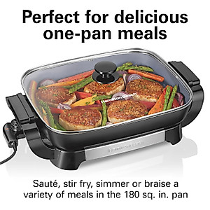 Hamilton Beach Electric Skillet with PFAS-Free Durathon Ceramic Coating, Removable 12x15” Pan, Adjustable Temperature, Reversible Design, Tempered Glass Lid, Black Nonstick Surface (38531)