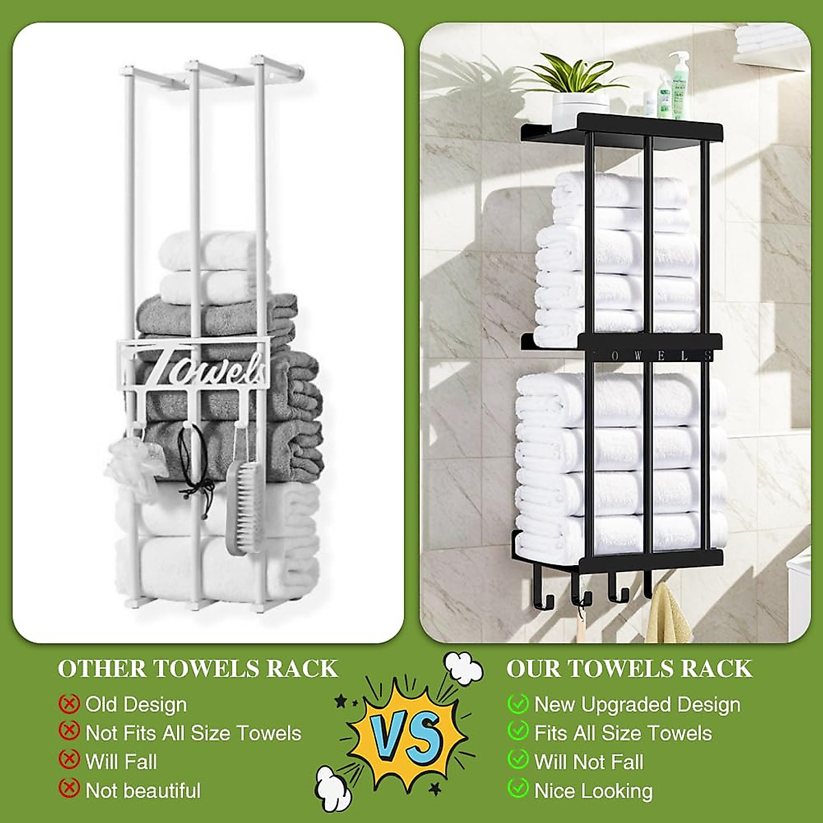 Bathroom Towel Storage Rack 3 Tier Towel Racks for Bathroom Wall Mounted 32 inch with Shelf and 4 Hooks of Rolled Bath Towels