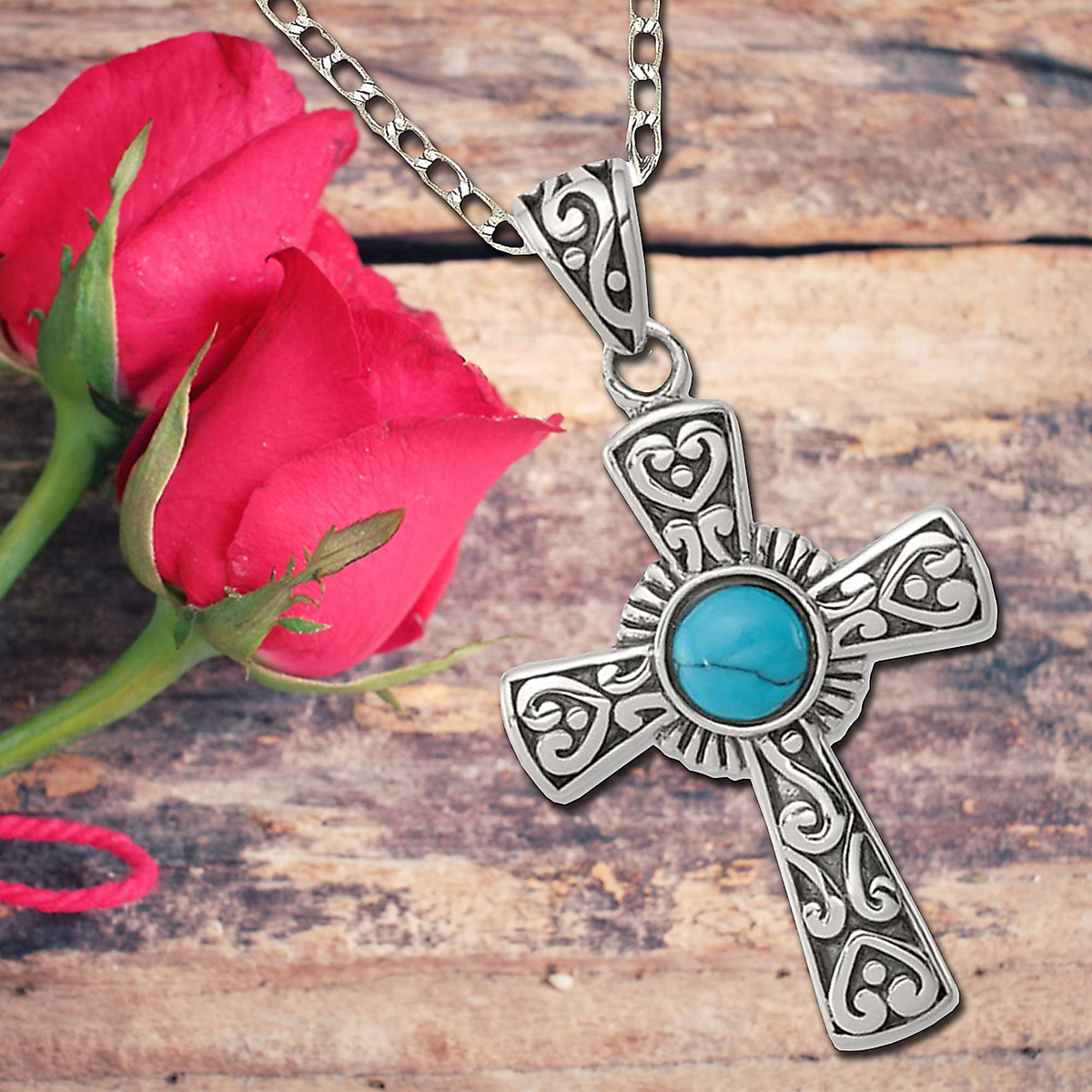 JewelryWeb - 925 Sterling Silver Oxidized Simulated Turquoise Cross Pendant - 20mm x 32mm - Artisan Cross Necklace - Handmade Cross Necklace - Christian Jewelry