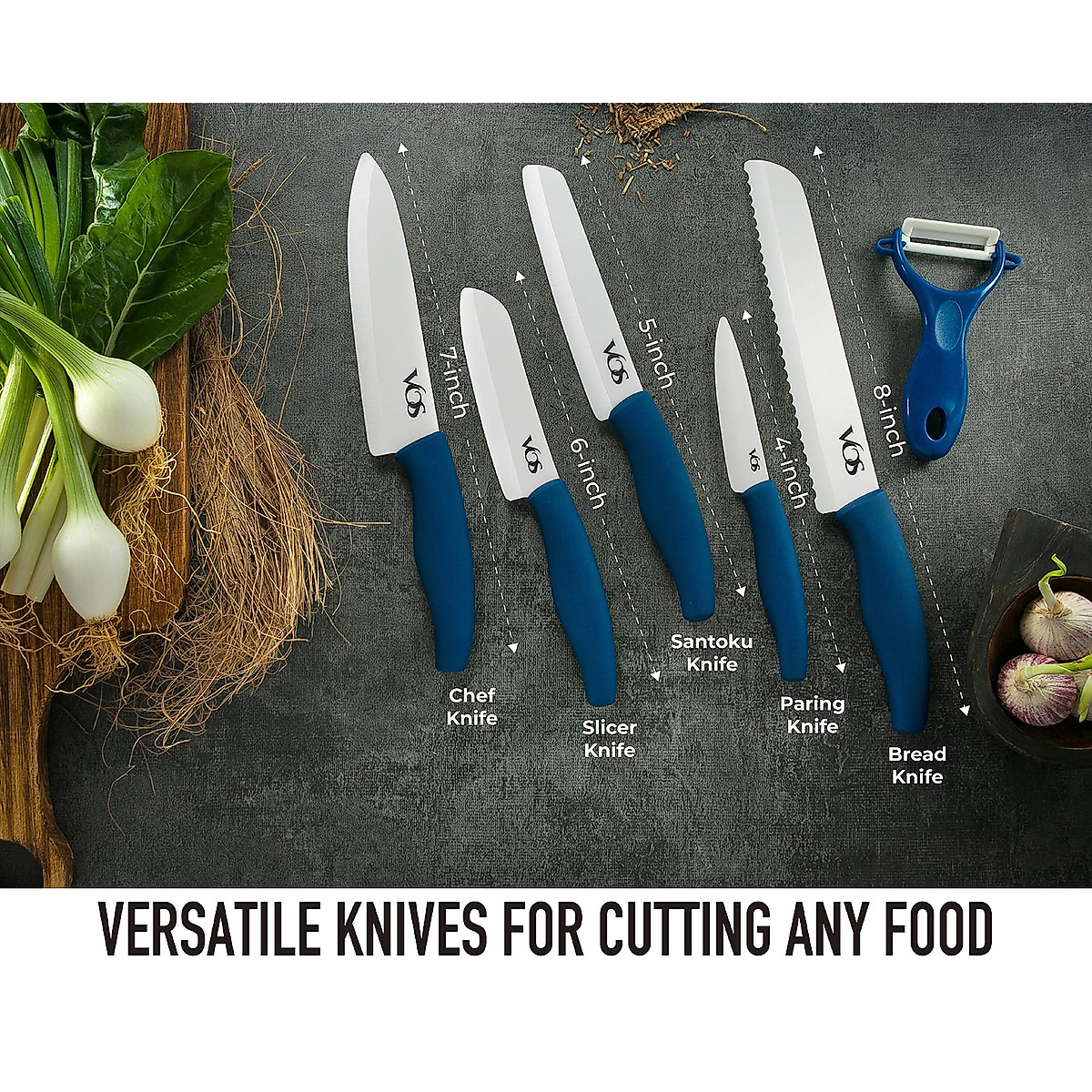 Vos Universal Knife Block and Ceramic Kitchen Knives With Peeler, Ceramic Paring Knife 4", 5", 6", 7", 8" Inch Blue
