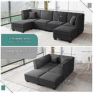 Shintenchi Reversible Modular Sectional Sofa Couch,116" Velvet U-Shaped Sectional Couch Sofa with Ottomans, 6 Pieces Modular Large Sectional Sofa Set for Living Room,Dark Gery