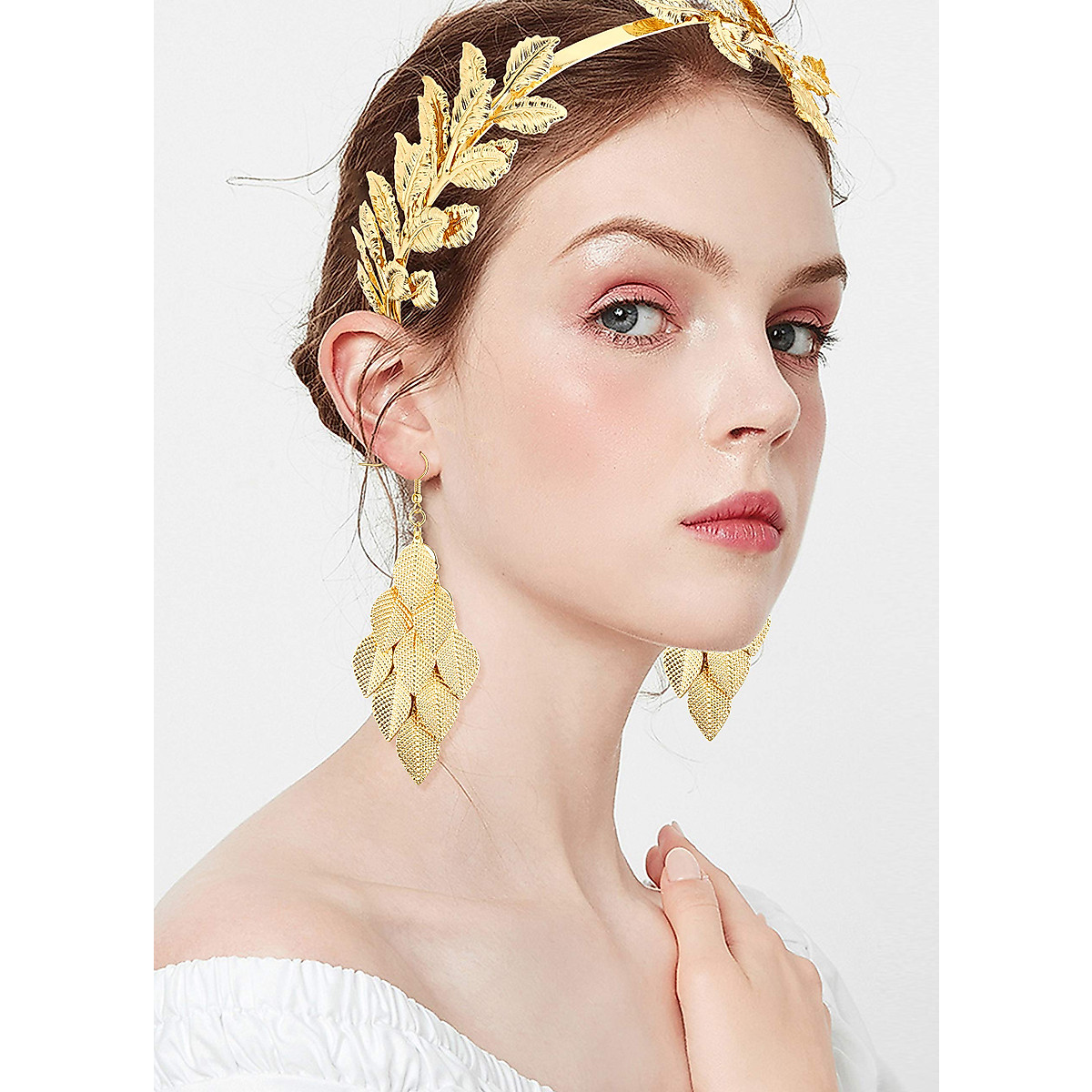 Jstyle Grecian Goddess Costume Accessories Set for Women Leaf Headband Coil Upper Arm Bracelet Dangle Earrings for Wedding Toga Party