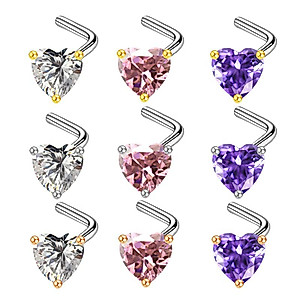 Diiker Septum Rings for Women 3Pcs 316L Surgical Steel Hypoallergenic Heart Septum Nose Rings Hoops CZ Zircon Pink Purple White Heart-shaped Cartilage Piercing Jewelry (Purple 3PC)
