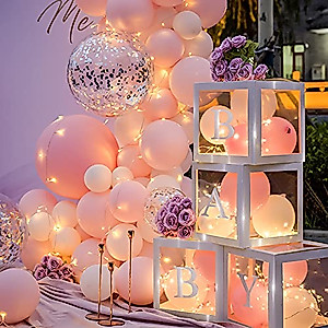 Termichy Baby Shower Boxes Party Decorations with Warm White Fairy Lights, 4 PCS Transparent Balloon Boxes Baby Shower Blocks for Girls Boys Baby Shower, Gender Reveal Decorations (White)