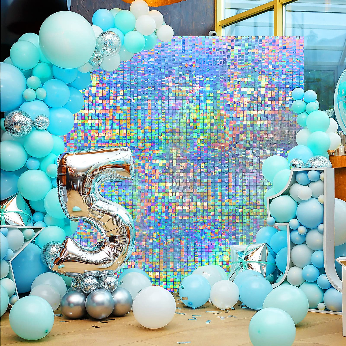 Ayfjovs 24 PCS Iridescent Silver Shimmer Wall Backdrop Sequin Shimmer Wall Panels Backdrop for Party Decoration Birthday Wedding & Engagement Anniversary Home Decor