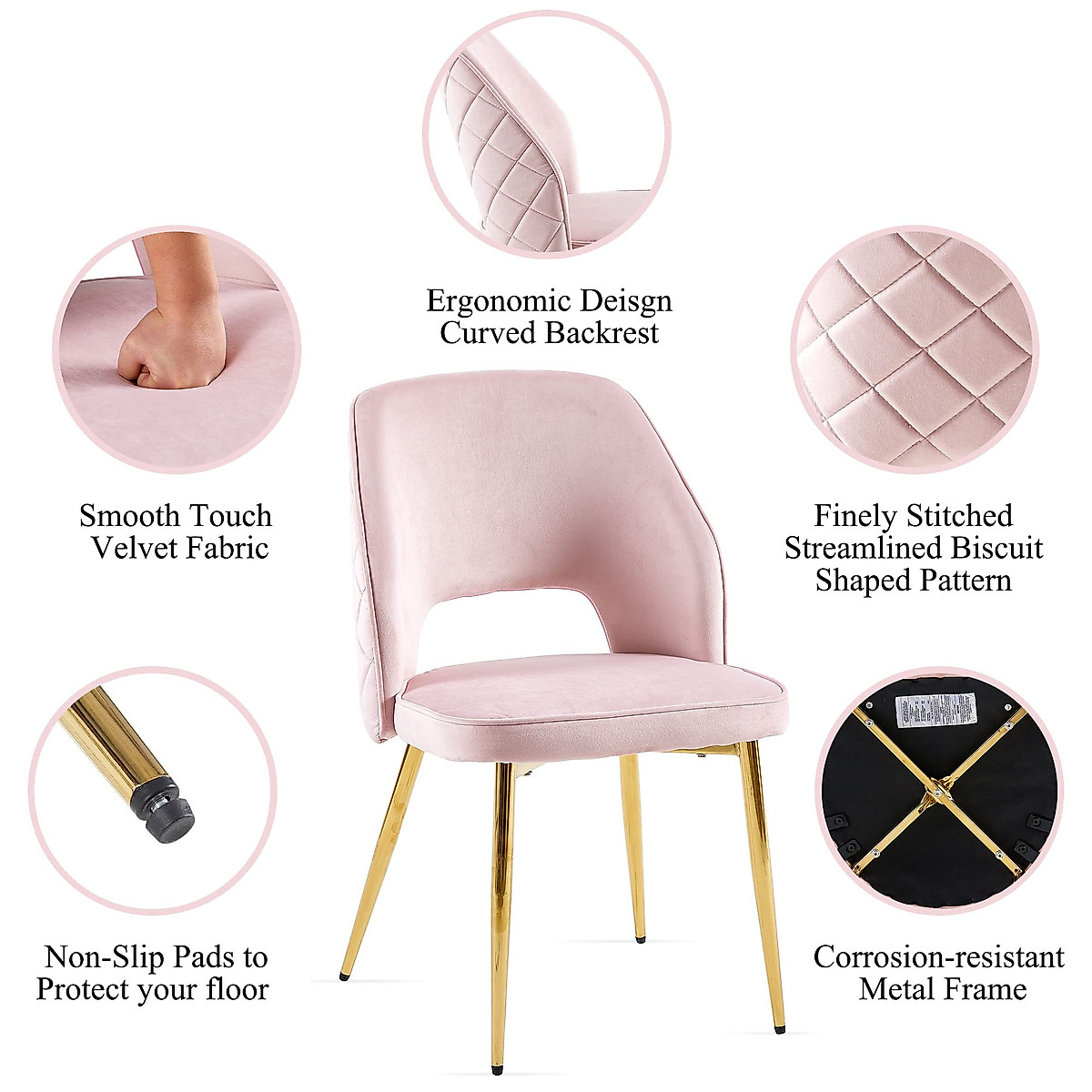 NORDICANA Modern Dining Chair Set of 4, Pink Velvet Fabric Upholstered Accent Chairs with Golden Metal Legs, Round Back Side Chairs for Kitchen Living Room Bedroom