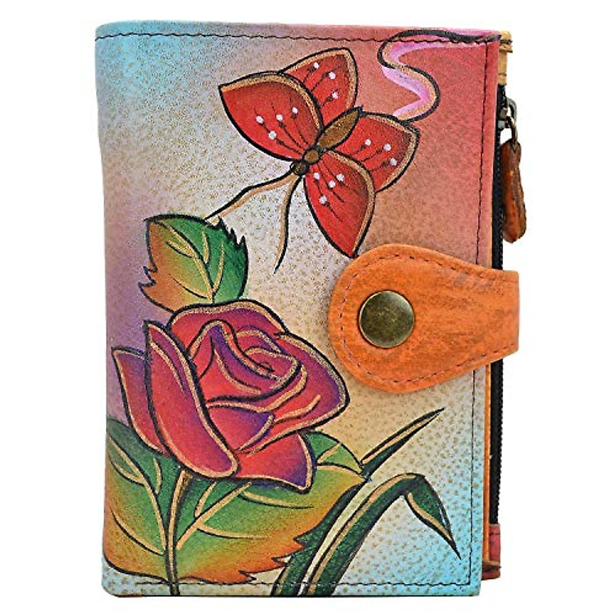 Anna by Anuschka Women's Hand Painted Genuine Leather Ladies Wallet - Rose Butterfly