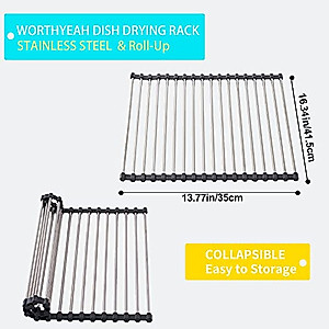 Worthyeah Dish Drying Rack - Over The Sink Dish Drying Rack - Roll-Up Dish Drying Rack for Kitchen Sink - Stainless Steel Sink Drying Rack - Kitchen Sink Accessories