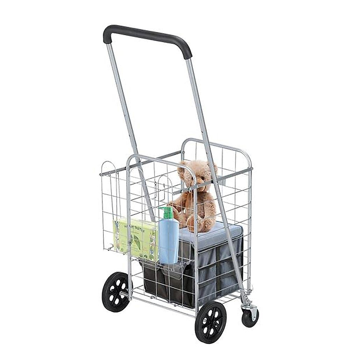 XYYSSM Iron 1100mm Telescopic Armrest 0.8mm 16# Round Tube 30kg Silver Foldable Shopping Cart, Shopping Cart with Dual Swivel Wheels for Groceries - Compact Folding Portable Cart Saves Space