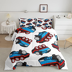 Train Bedding Set Kids Cartoon Car Comforter Set Boys Girls Train Travel Decor Comforter Microfiber Train Construction Red Blue Duvet Set Bedroom Quilt Set Full Size