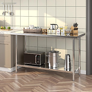 Toolsempire Stainless Steel Table, 60" x 24" Prep Table with Adjustable Under Shelf & 4 Galvanized Table Feet, Heavy Duty Steel Table Kitchen Table for Restaurant, Home & Hotel