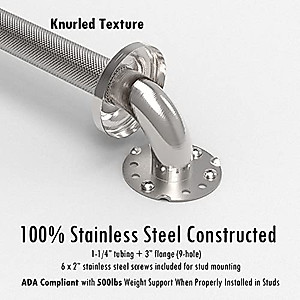 AquaChase 1-1/4 x 16inch Angled Grab Bar for Stud Mount with Knurled Grip, Bathroom Mobility Aid, ADA Compliant Heavy Duty 500lbs Support, Rustproof Stainless Steel (Brushed Nickel)