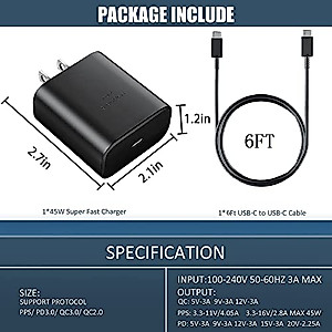 Samsung 45W Super Fast Charger,USB C Super Fast Charging for Samsung Galaxy S23 Ultra/S23/S23+/S22/S22+/S22 Ultra/S21/S21 Ultra/S20+/Note 20/Note 10/Galaxy Tab S7/S7+/S8/S8 Ultra with 6FT Type C Cable