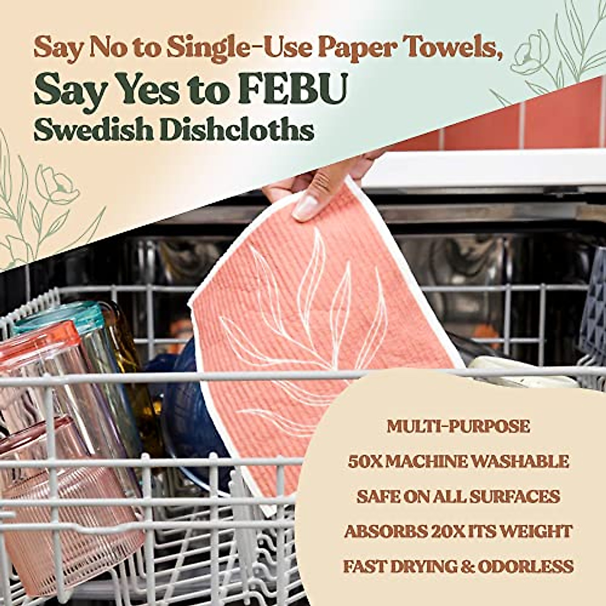 FEBU Swedish Dishcloths for Kitchen | 5 Pack Japanese Pattern Swedish Dish Towels | Reusable Paper Towels Washable | Non-Scratch Cellulose Sponge Cloths | No Odor, Biodegradable, Swedish Cloths