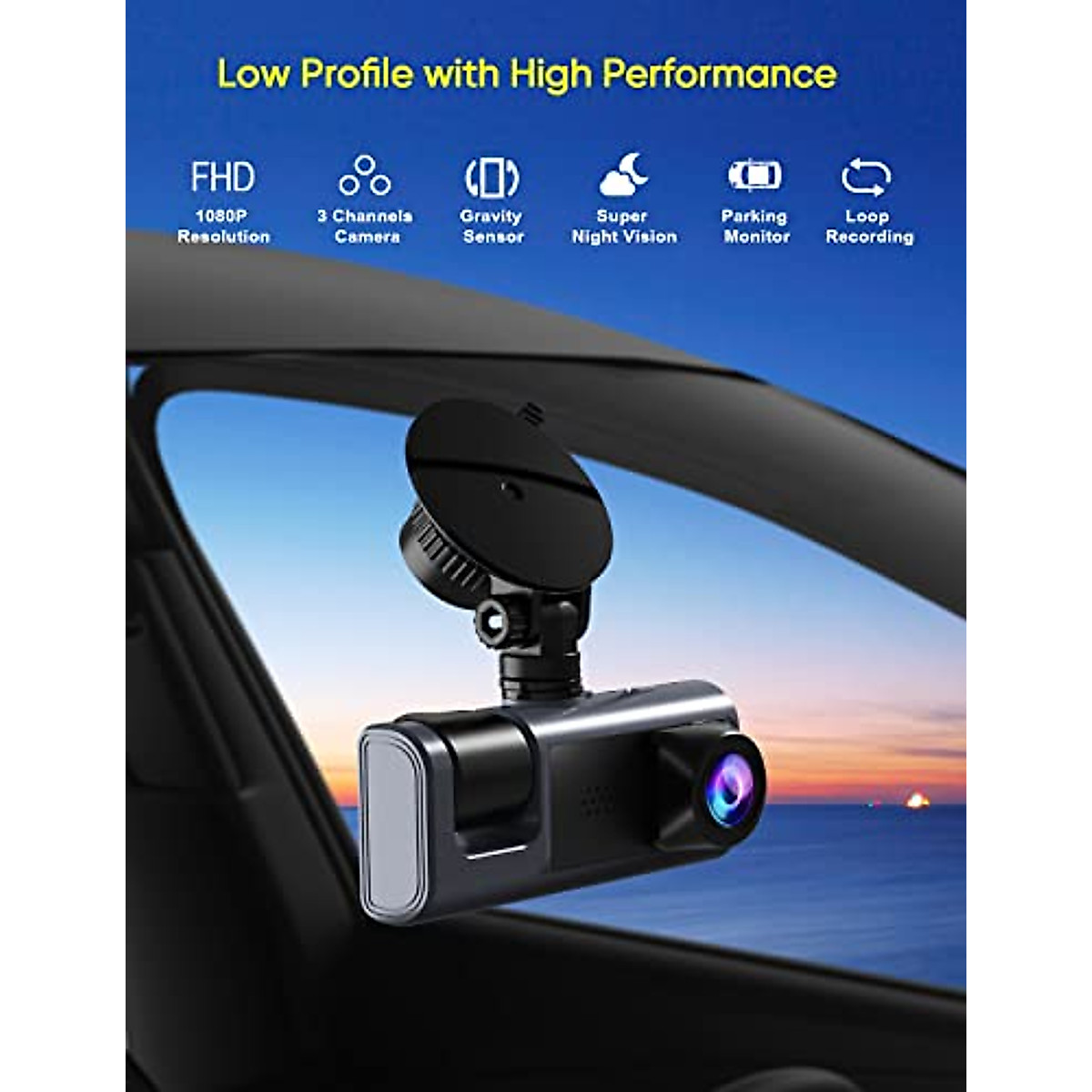 3 Channel Dash Cam Front and Rear Inside, 1080P Dash Camera for Cars, Dashcam Three Way Triple Car Camera with IR Night Vision, Loop Recording, G-Sensor, Parking Monitor, 24 Hours Recording