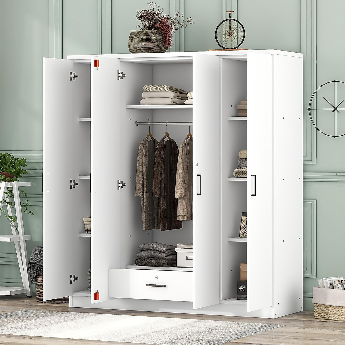 4 Door Wardrobe Armoire Closet with Storage Shelevs Freestanding Wardrobe Cabinet with One Drawer and Hanging Rod Clothes Cabinet Organizer for Bedroom, 59.2" L x 19.2" W x 67.9" H (White)
