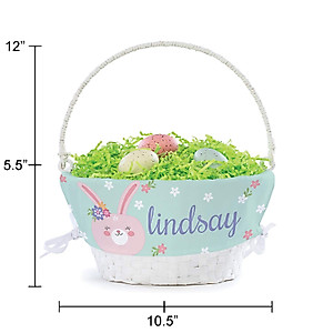 Personalized Girl Bunny Easter Egg Basket with Handle and Custom Name | Pink Easter Basket Liners | White Basket | Woven Easter Baskets for Kids | Customized Easter Basket | Gift for Easter