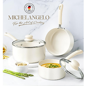 MICHELANGELO Sauce Pan With Lid, 3QT Ceramic Saucepans, Nonstick Saucepan, PFAS-FREE Pot, Small Pots For Cooking, Multipurpose Cooking Pots, White