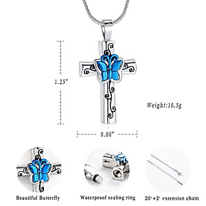 Urn Necklace for Ashes Rose Flower Cross Cremation Jewelry Pendant for Human/Pet Funeral Keepsake Memorial Necklace (Silve-Blue)