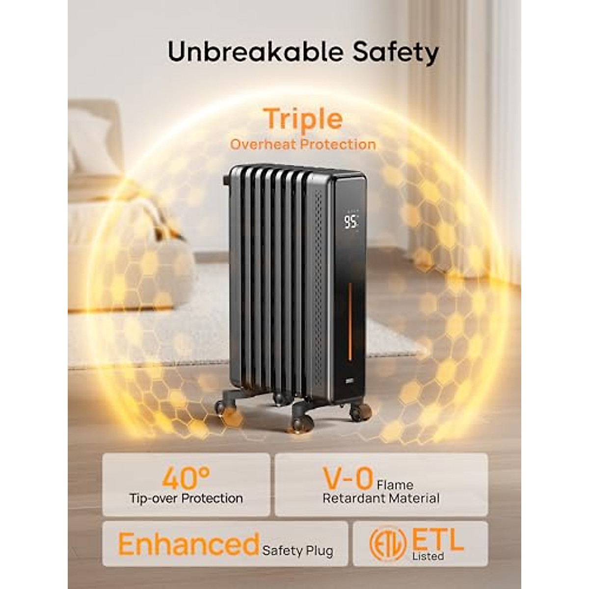 Dreo Oil Filled Radiator Heater, 1500W Electric Heaters for Indoor Use, Safety Heat for Large Room with Remote, 8 Fins, 4 Modes, Digital Thermostat, Overheat & Tip-Over Protection, 24H Timer, Quiet