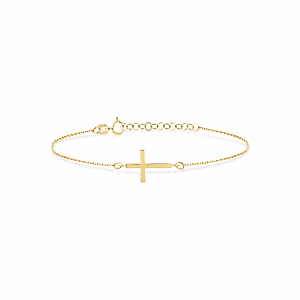 14k Real Gold Cross Bracelet for Women | 14k Gold Sideways Cross Bracelets | Dainty Gold Crucifix Bracelets | Women's 14k Gold Religious Jewelry | Gift for Christmas, Adjustable 6" to 7"