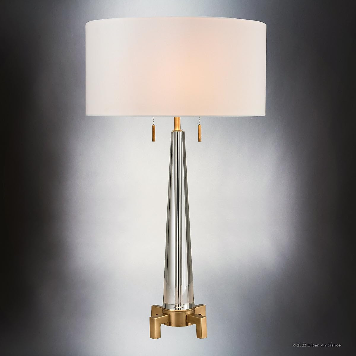 Urban Ambiance Luxury Contemporary Table Lamp, 17''W x 17''D x 30''H, with Minimalist Elements, Clear and Aged Brass Finish and a White Faux Silk Hardback Shade, UEX7270