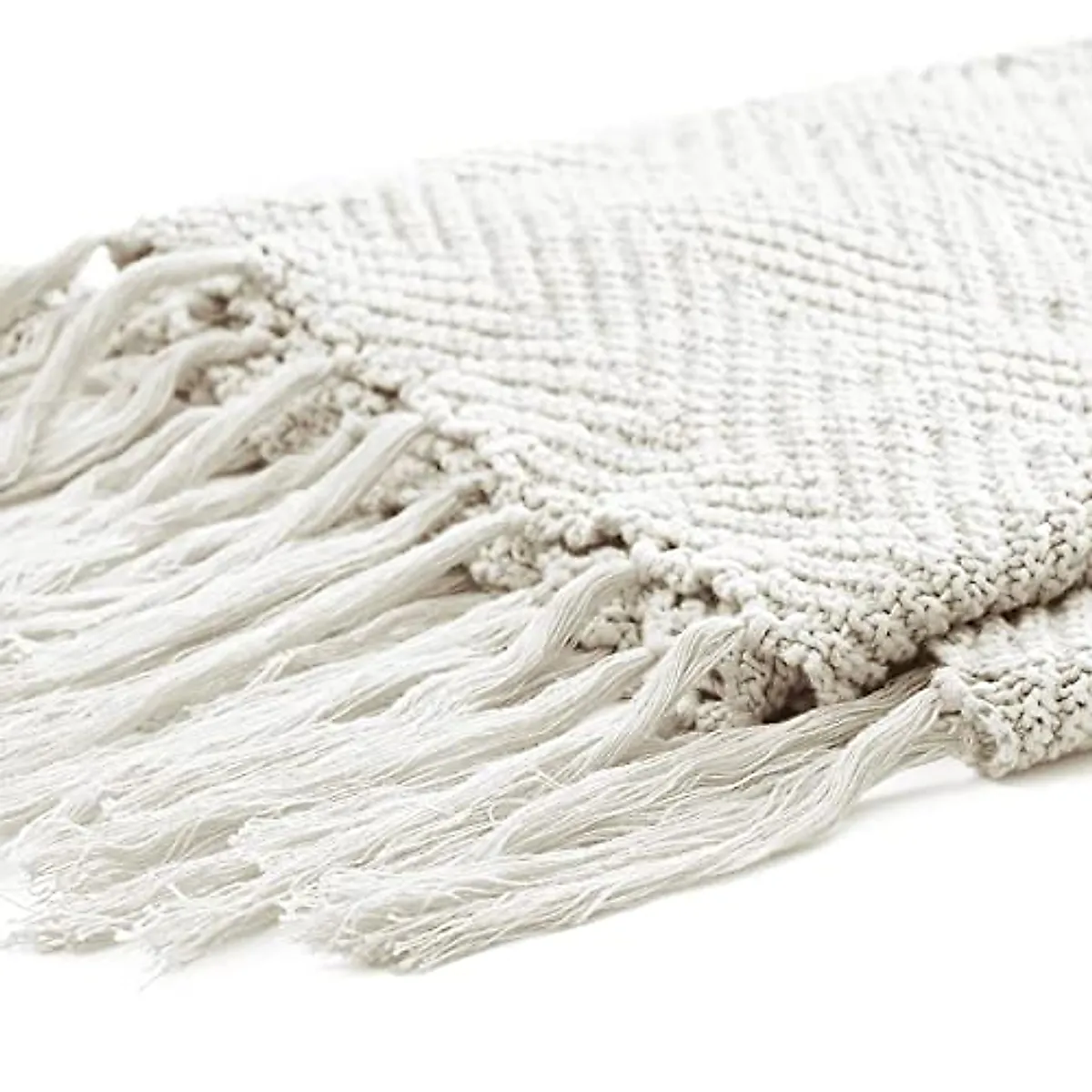 Longhui bedding Cream Fringe Knit Cotton Throw Blanket, 50 x 60 Inches Decorative Knitted Cover with 6 Inches Tassels, Lightweight Couch Blanket, Beige
