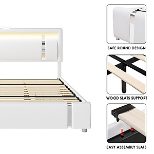Keyluv King Size Bed Frame with RGB LED Lights & 2 Storage Drawers, Modern Upholstered Platform Bed with Iron Metal Decor, USB Charging Ports, White