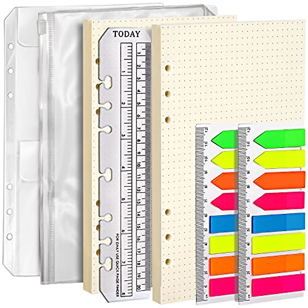 LEOBRO Refillable A5 Notebook Set, 2 Pack A5 Dotted Filler Paper, 320 Pcs Index Tabs, with Binder Pocket, 3-Pocket Loose-Leaf Bags, Ruler Marker, Paper Refill for 6-Ring A5 Binders Planner Notebook