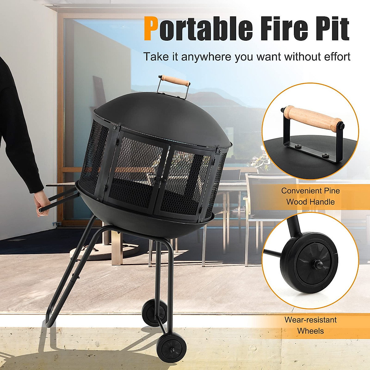 ORALNER Portable Fire Pit on Wheels, 27” Outdoor Wood Burning Firepit Cage w/Spark Screen Cover, Log Grate, Fire Poker, Steel Patio Firepit w/BBQ Grill for Outside Camping, Picnic, Backyard Bonfire