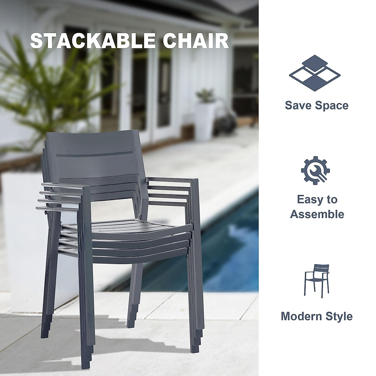 VICLLAX Patio Dining Chairs Set of 2, Stackable Metal Chairs Set with Armrests for Poolside, Backyard, Garden, Deck, Porch, Grey