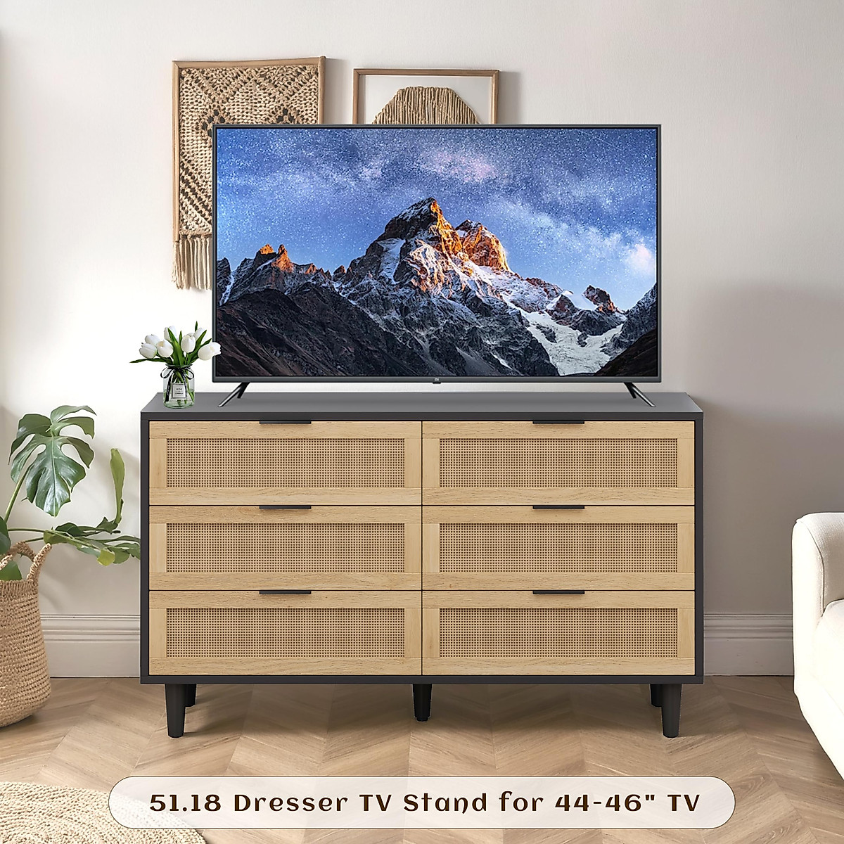 NTYUNRR Black Rattan Dresser, 6 Drawer Double Dresser for Bedroom, 51.18" Rattan Dresser for Closet, Rattan Storage Cabinet Rattan Drawer with Metal Handles, for Living Room, Black M