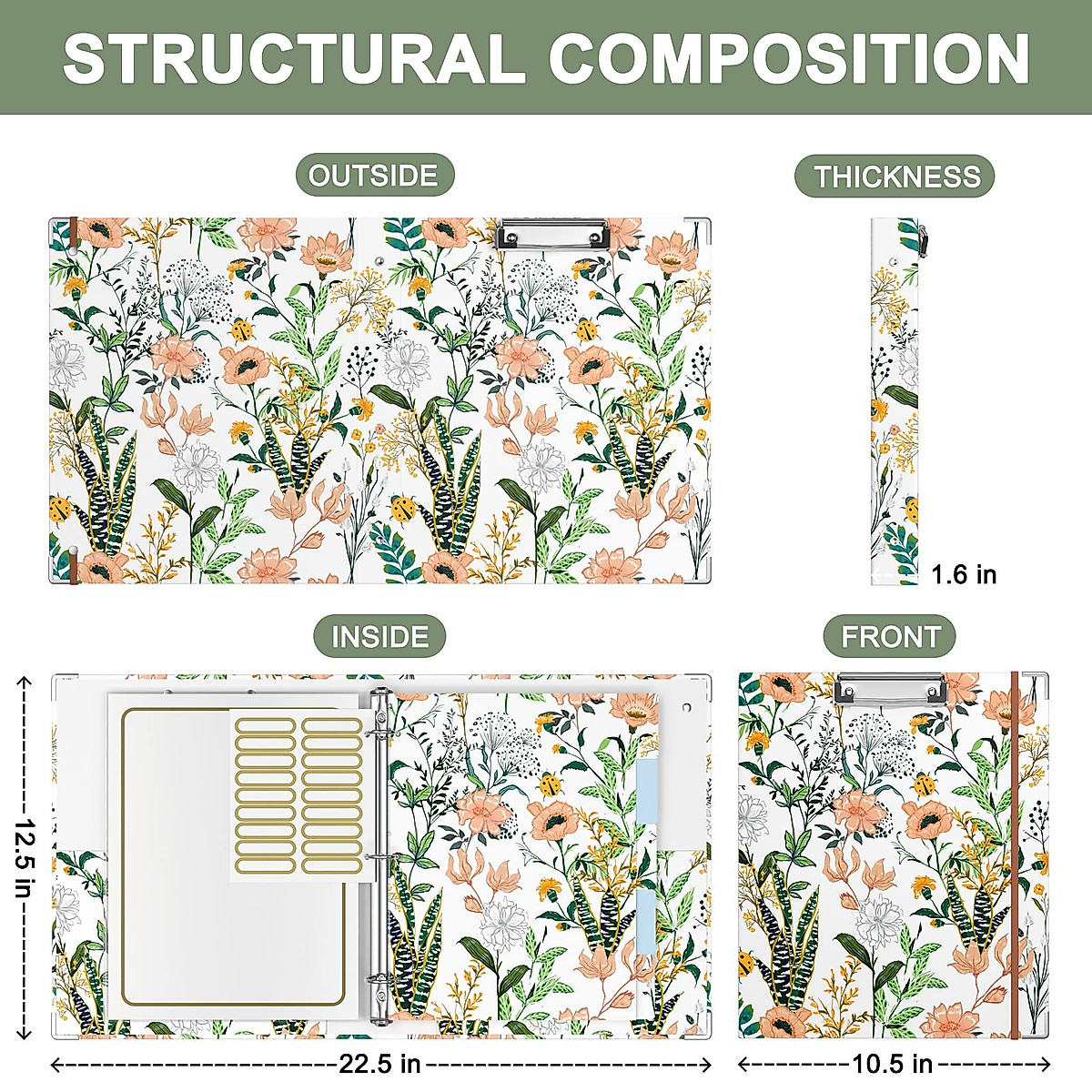 Rouidr 3 Ring Binder with clipboard, 1 inch 8.5 x 11 in Letter Size View Binders Organizer with Dividers Tabs & Clear Sleeves, School Supplies, Office Supplies, Cute Flower