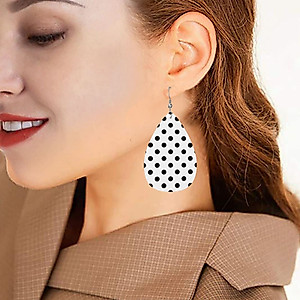 Faux Leather Earrings Black White Polka Dot Teardrop Dangle Earrings For Women