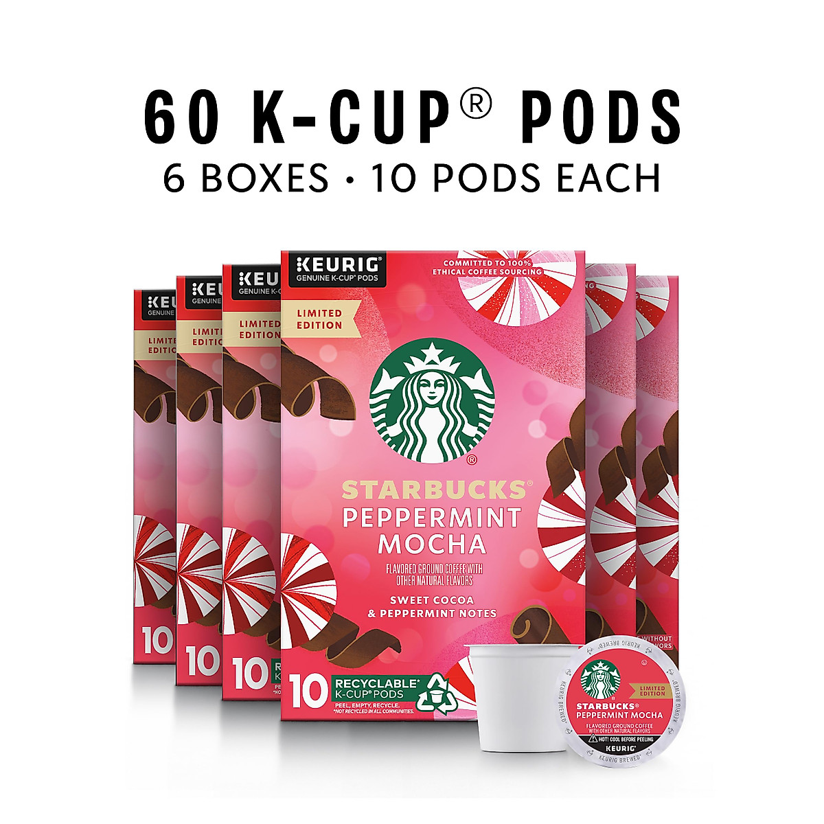 Starbucks K-Cup Coffee Pods, Peppermint Mocha Naturally Flavored Coffee for Keurig Brewers, 100% Arabica, Limited Edition Holiday Coffee, 6 Boxes (60 Pods Total)