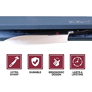 JCK ORIGINAL Hattori Japanese Chef’s Knife, FH-7L Professional Gyuto Knife, VG-10 Cobalt Steel Pro Kitchen Knife with Ergonomic Black Linen Micarta Handle, 9.4 inch