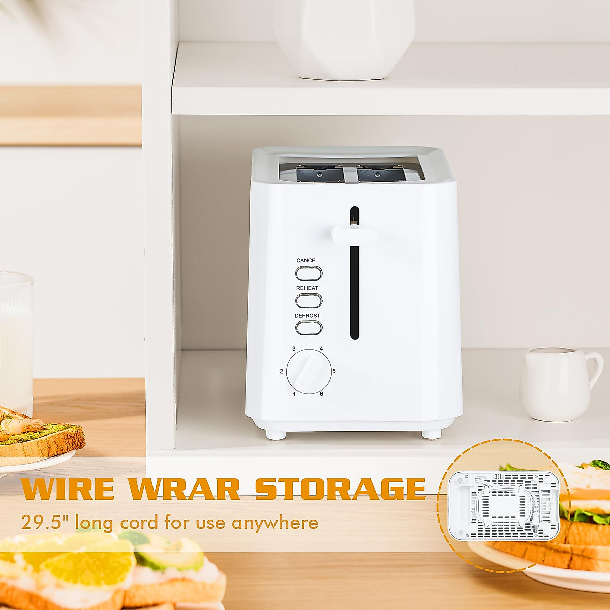 Toaster 2 Slice, NIKLEMON Small Compact Plastic Toaster with 6 Browning Levels and Defrost, Reheat and Cancel 3 Functions, Removable Crumb Tray, Under Base Cord Storage, White