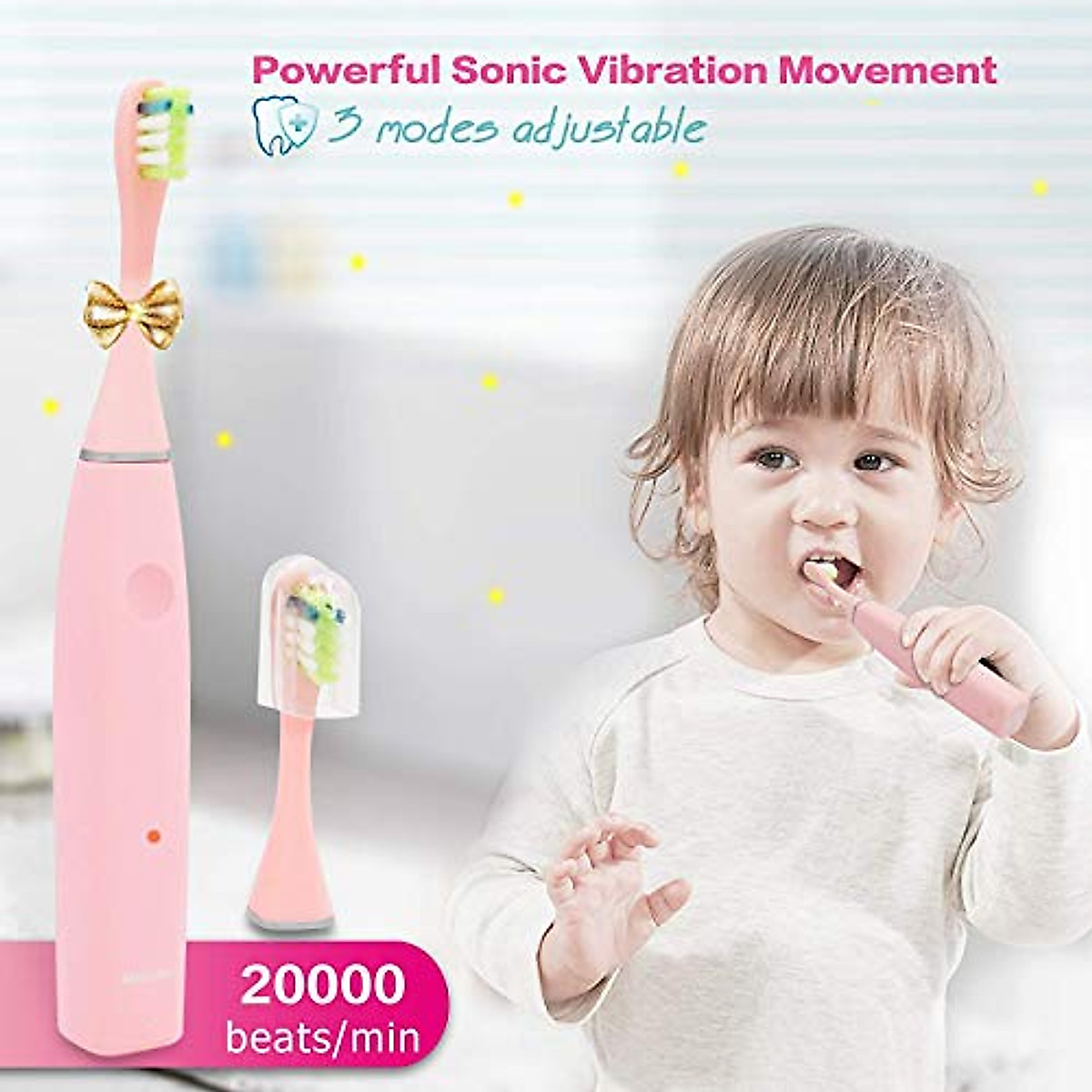 MICESHU Kids Electric Toothbrush, Soft Sonic Tooth Brush Powerful Cleaning with 3 Modes for Children Boys and Girls Age 3+, Waterproof for Shower (Pink)
