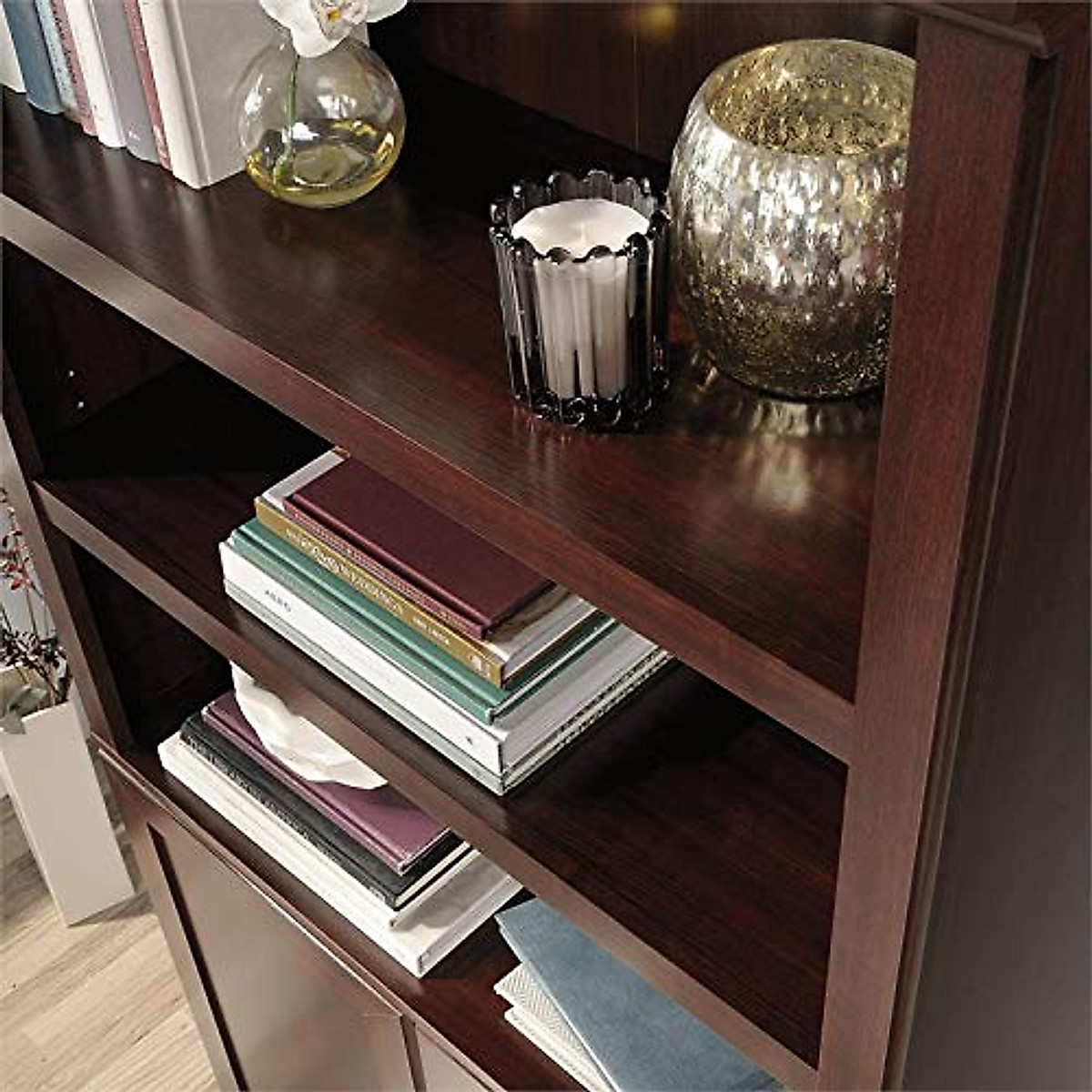 Sauder Misc Storage 3-Shelf 2-Door Tall Wood Bookcase in Cherry