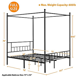 Yaheetech Canopy Bed Frames Platform Bed Frame Four-Poster Canopied Bed Mattress Foundation with Headboard and Footboard Sturdy Slatted Structure No Box Spring Needed Easy Assembly Full/Black