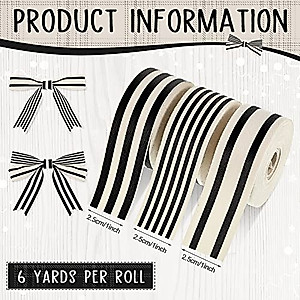 3 Rolls 1 Inch x 18 Yards Christmas Black White Stripe Ribbon Striped Fabric Ribbon Natural Cotton Ribbon Gift Wrapping Craft Ribbons for Home Christmas Wedding Party Decor, 3 Styles