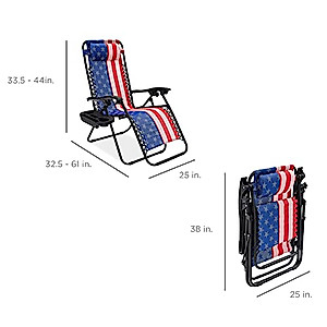 Best Choice Products Set of 2 Adjustable Steel Mesh Zero Gravity Lounge Chair Recliners w/Pillows and Cup Holder Trays - American Flag