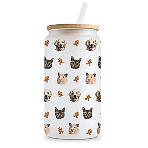 Hyturtle Personalized Pet Owner Glass Cup Dog Cat Face in Pictures Pet Paw Glass Cup bamboo Lid & Straw 12oz16oz Coffee Glass Cup Birthday Christmas Gifts For Women Girls Kid Animal Lover Custom Name