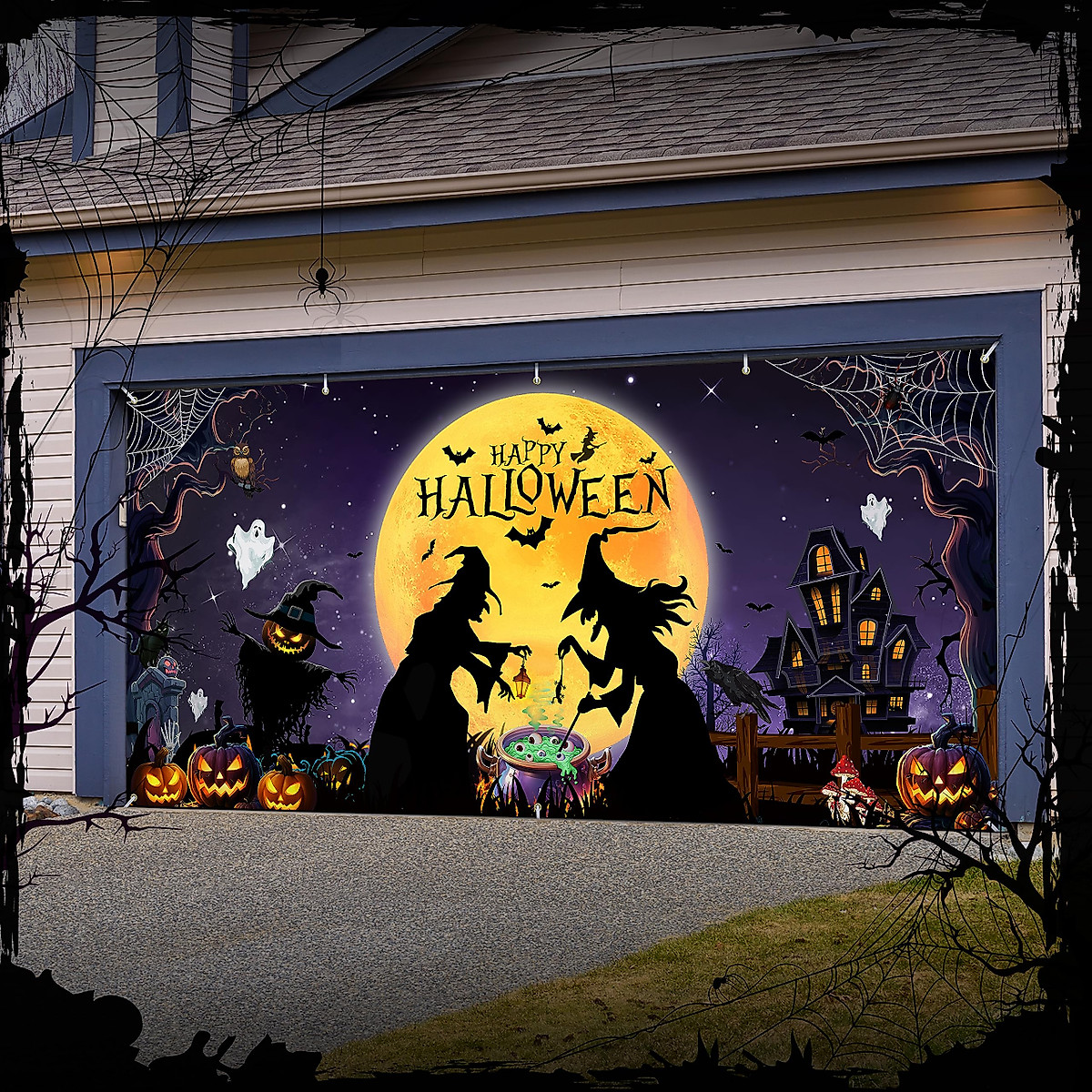 Large Halloween Garage Door Cover Garage Door Decoration Backdrop Party Background Wall Banner for Outdoor Halloween Themed Party Decoration 6 x 13 Ft (Backdrop-01)